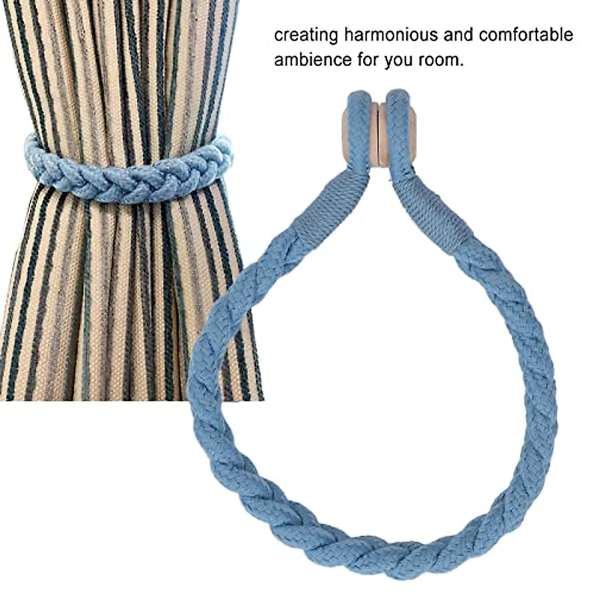 Magnetic Curtain Tiebacks, Boho Curtain Tie Backs Decorative Tie Backs with Durable Wooden Buckle Curtain Holdbacks Holder for Window Draperies(Blue)