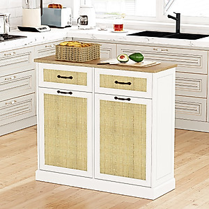 Double Tilt Out Kitchen Trash Cabinet,Freestanding Trash Cabinet with Countertop and Drawer,Wooden Pet Proof Recycling Cabinet, Hideaway Trash Holder for Home Kitchen Bathroom Living Room Single