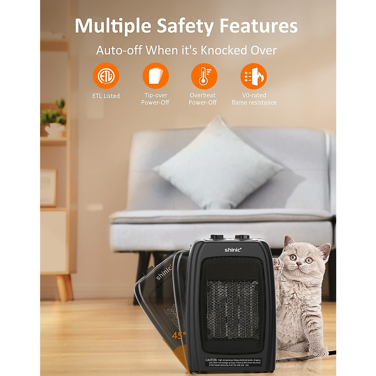 shinic Space Heater for Indoor Use, 1500W/900W Ceramic Space Heater, 1s Fast Heat, Overheat and Tipover Protection, Portable Electric Heater, Quiet Office Small Room Desk Heater, Black