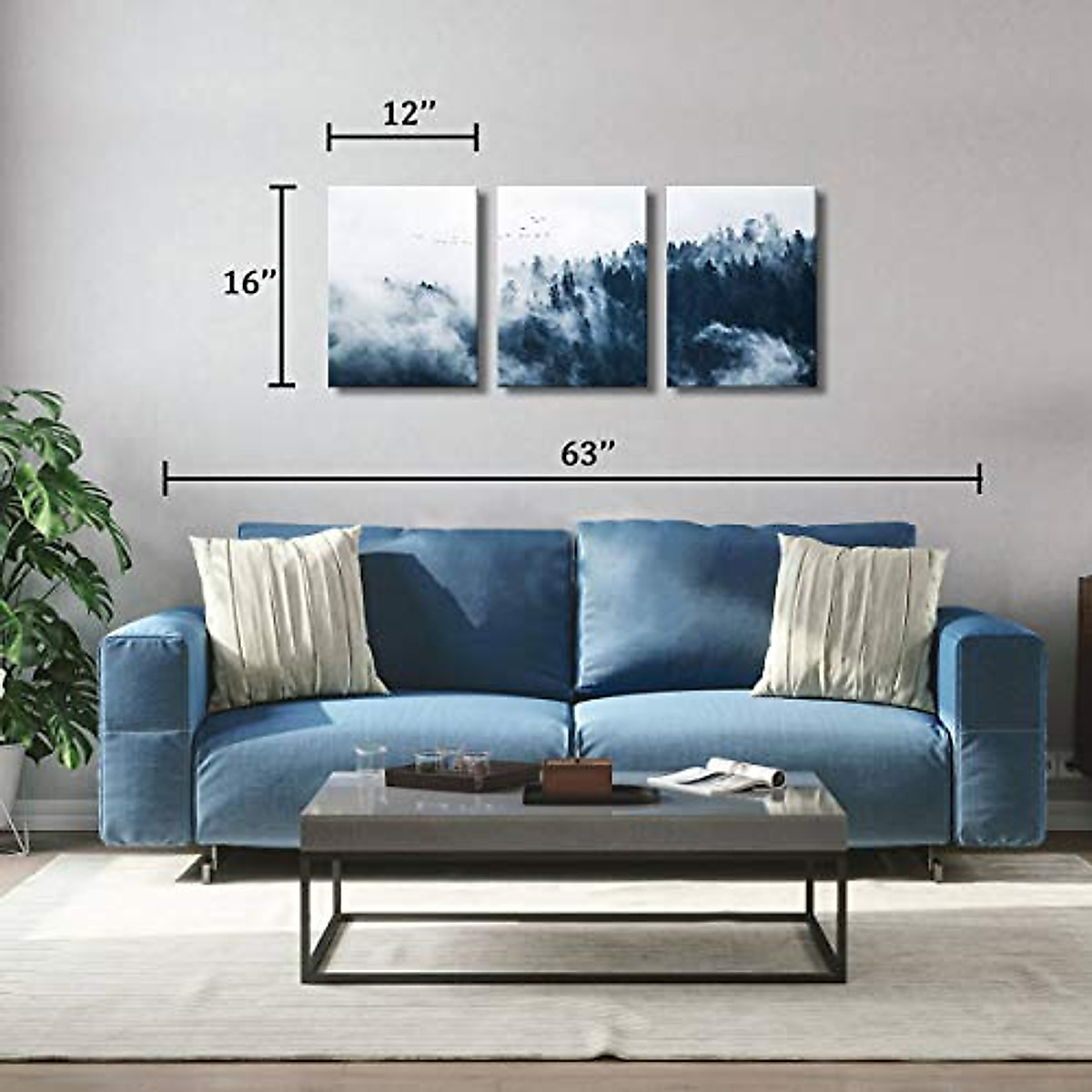 Indigo Misty Forests Wall Pictures for Bedroom Modern 3 Pieces Canvas Wall Art Mountain Forest in Fog Navy Blue Wall Decorations Minimalist Canvas Art Evergreen Coniferous Trees Gallery Wrapped