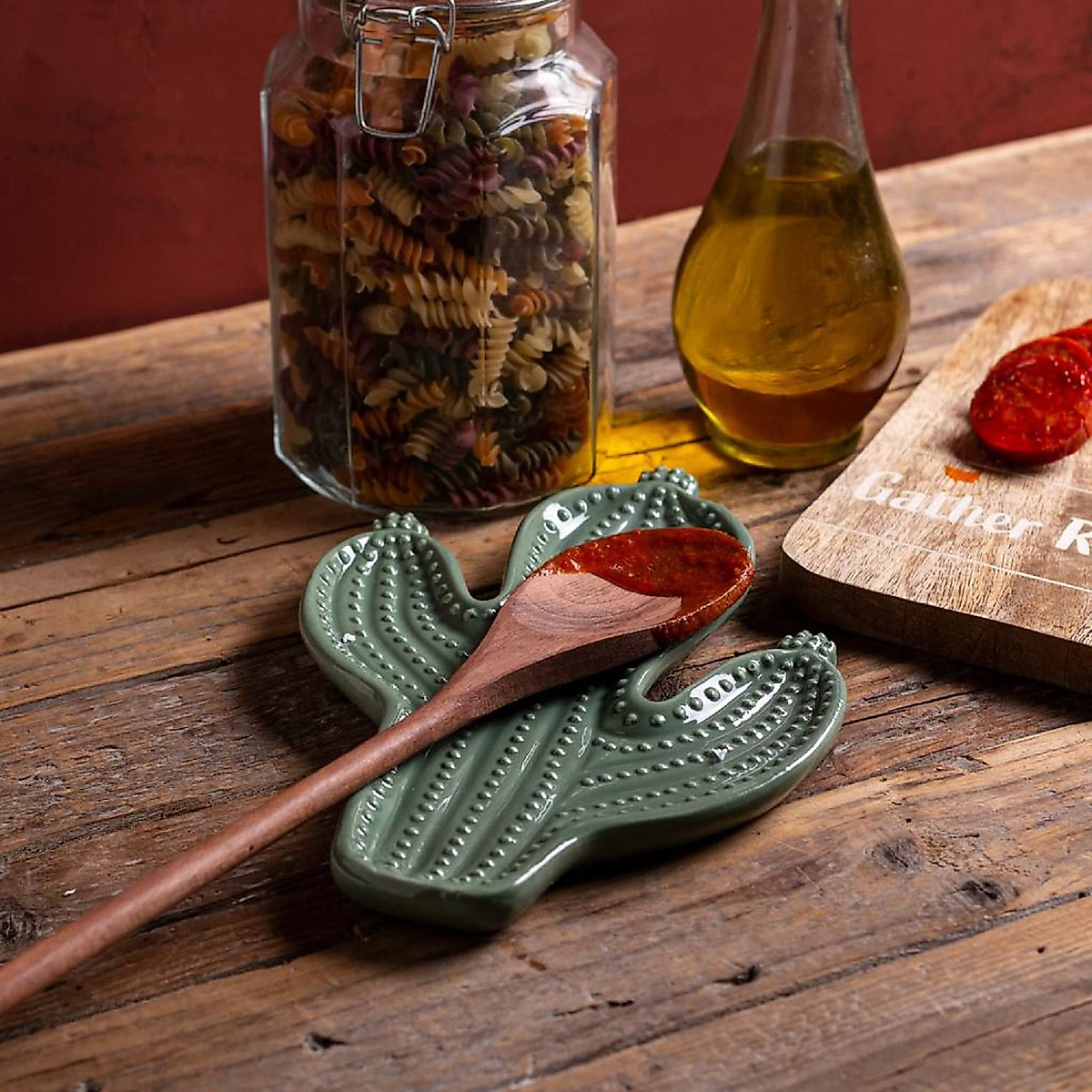 Green Cactus Shape Spoon Rest, By Glaver's - Kitchen Utensil, Ceramic Spoon Rest Rustic Farmhouse Design - For Stove Top and Kitchen Counter. Dishwasher Safe.