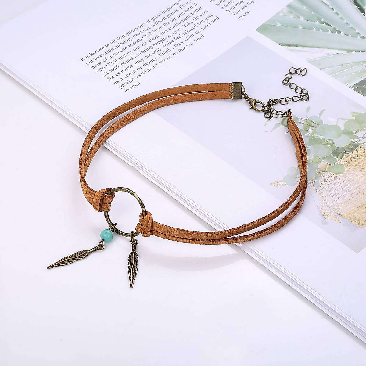 FINREZIO Native American Jewelry Leather Choker Necklace Earring Set for Women Handmade Bohemian Dream Catcher Long Faux Feather Drop Dangle Earrings Retro Necklace Set