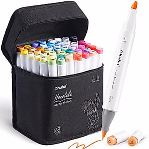 Ohuhu Alcohol Markers Brush Tip: Double Tipped Art Marker Set for Artist Adults Coloring Sketching Drawing Alcohol-based Ink - Brush Chisel Dual Tips - Honolulu - 48 Colors w/ 1 Blender and Case