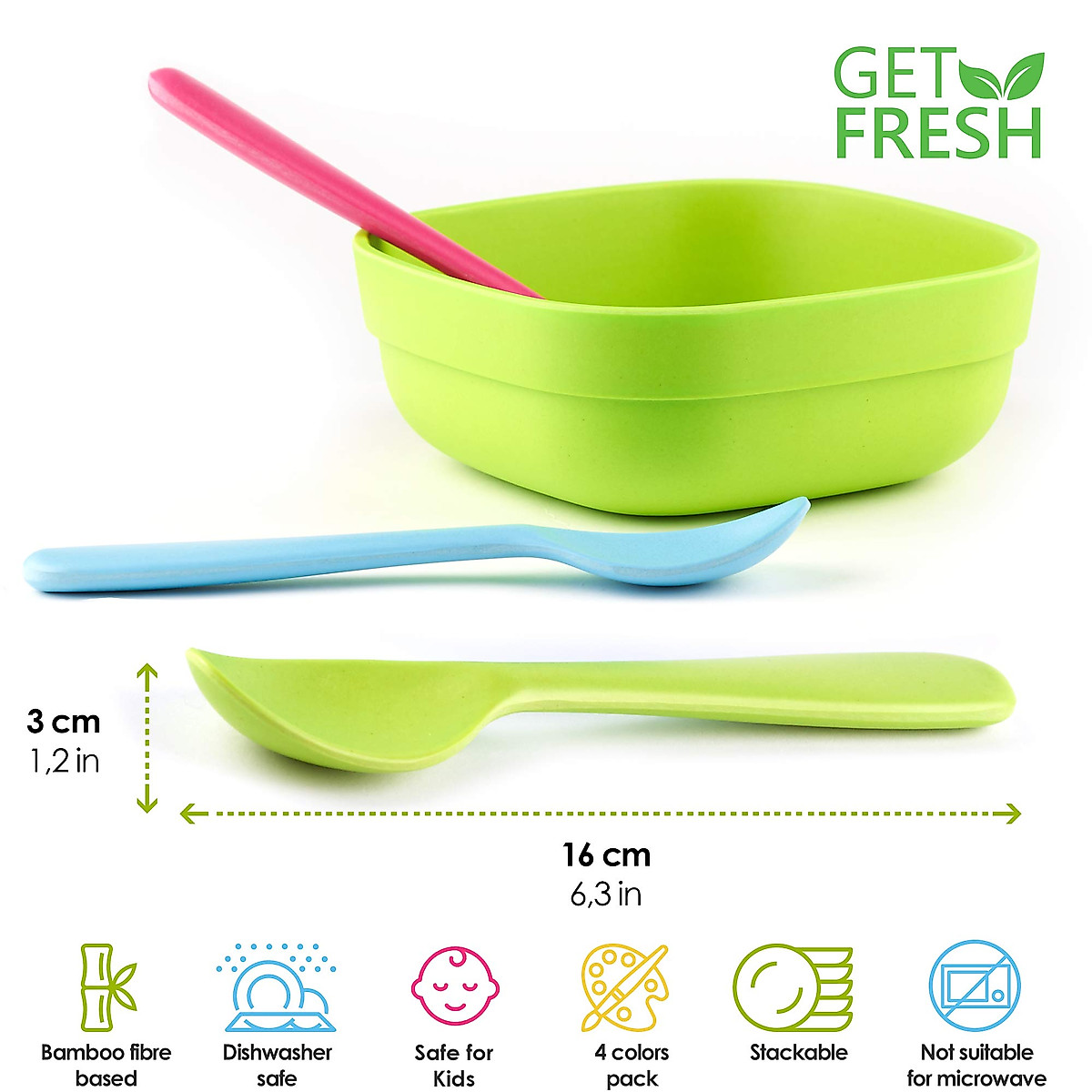 GET FRESH Bamboo Kids Spoons Set – 4-pack Reusable Bamboo Fiber Kids Spoons for Everyday Use – Large Bamboo Kids Cutlery for Daily Mealtime – Colorful Bamboo Utensils for Toddlers and School Children