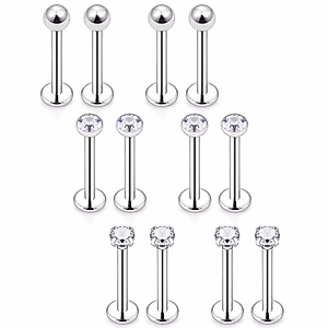 Dyknasz Tragus Earrings 16G Surgical Steel Cartilage Studs Piercing Clear Diamond CZ Conch Helix Ring Barbell Jewelry for Women Men 6mm 12 Pieces Silver-tone 3mm Ball Top Flat Back