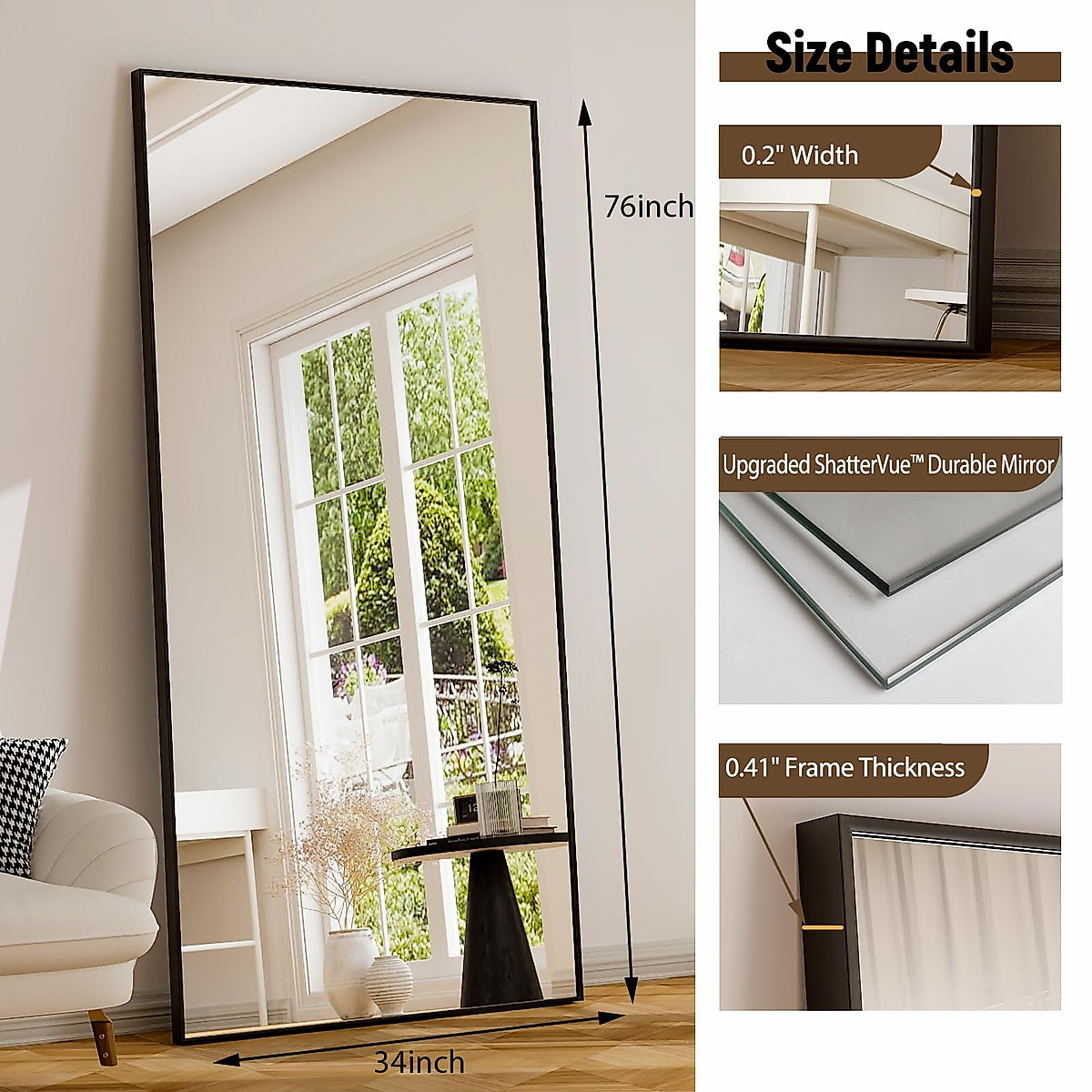 GLSLAND 76"x34" Full Length Mirror Extra Large Hanging or Leaning Rectangle Mirror Aluminum Alloy Thin Frame Bedroom Floor Dressing,Black