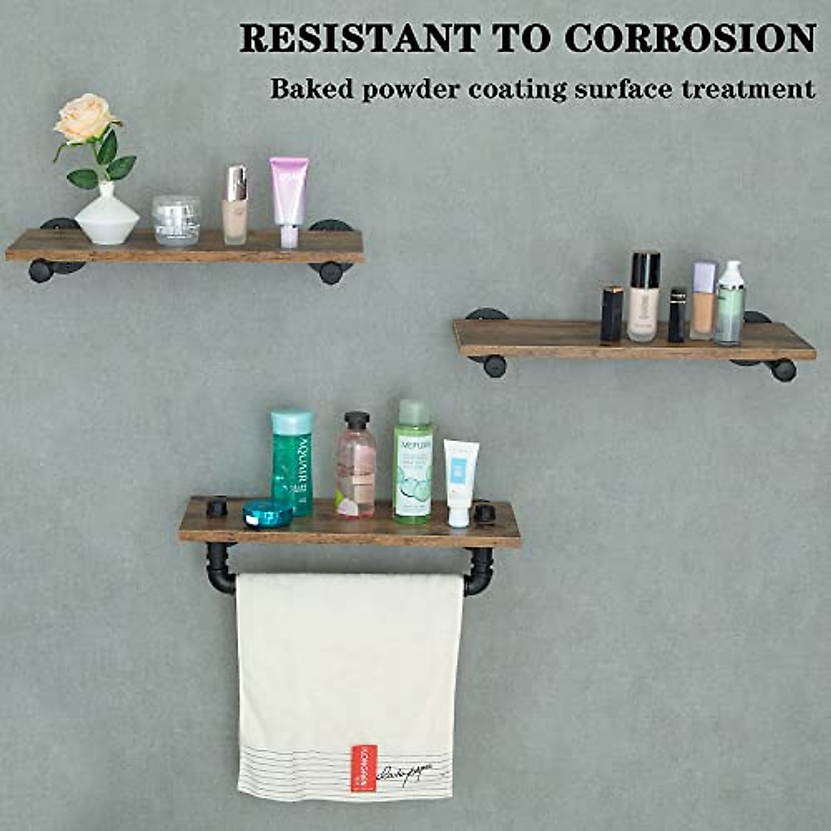 BOTAOYIYI Industrial Pipe Shelving, 3-Tier Industrial Shelves for Wall, Floating Wood Modern Shelf Iron Metal Rack Mounted Corner Rustic Decor with Towel Bar Over Toilet for Bathroom