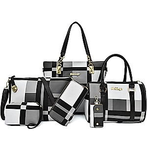 6-Pcs Handbags Set for Women Faux Leather Tote Bag Fashion Top-Handle Handbag Shoulder Bags Crossbody Totes Satchel Purses & Wristlet Wallet Purse Set-Gray