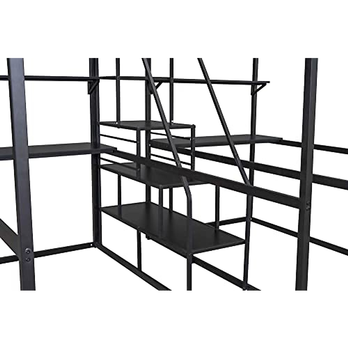 ATY Twin Over Twin Bunk Bed with 2 Desks and Shelves, 4-in-1 Metal Bedframe w/ 3 Storage Staircase & Safety Guardrail, Maximum Space Design, for Kids Bedroom, Dorm, Guestroom, Black