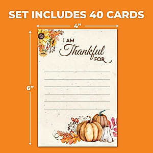 40 Thanksgiving I Am Thankful for Fill in Gratitude Cards- Plate Setting or Activity for Familes Adults & Kids - Pumpkins, Fall Autumn Leaves Sunflowers Decorations Supplies Made in the USA