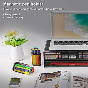 Monitor Stand with Drawer | Monitor Riser with Drawers and 2 Magnetic Pen Holder | Black Mesh Metal Desk Organizer for Computer, PC, Laptop, Printer, Notebook, iMac (Set of 3)