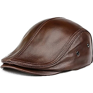 HAEAUL Men's Adjustable Leather Newsboy Hat Beret Hat Driving Hunting Fishing Hat Genuine Leather Ivy Cap Fashion Beret Hat Flat Cap. (Brown)