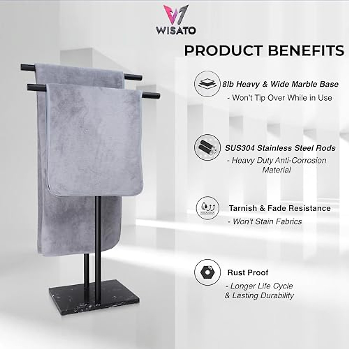 WISATO - Free Standing Towel Rack for Bathroom - Stand Alone 2 Tier Stainless Steel Towel Rack for Bathroom Floor with Heavy Marble Base & Matte Black Finish - Double T Shape Drying Stand for Towels