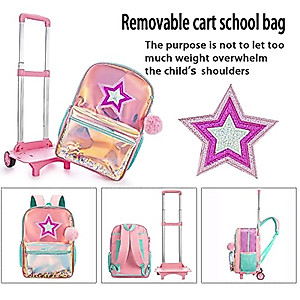 JSMNIAI Girls Rolling Backpacks Wheels Roller Backpack Laptop Travel Luggage with Lunch Box for Elementary Girls Students