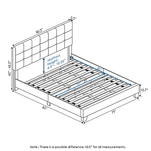 Furinno Laval Button Tufted Upholstered Platform Bed Frame, King, Stone