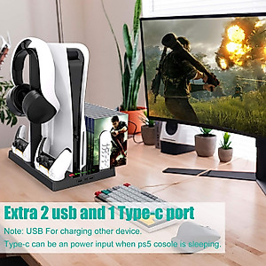 Linkstyle PS5 Vertical Stand with Cooling fan Dual PS5 Controller Charging Station Dock Led Indicator, 15 Game Storage, and Headset Holder for PS5 Console PS5 Digital Edition Console accessories