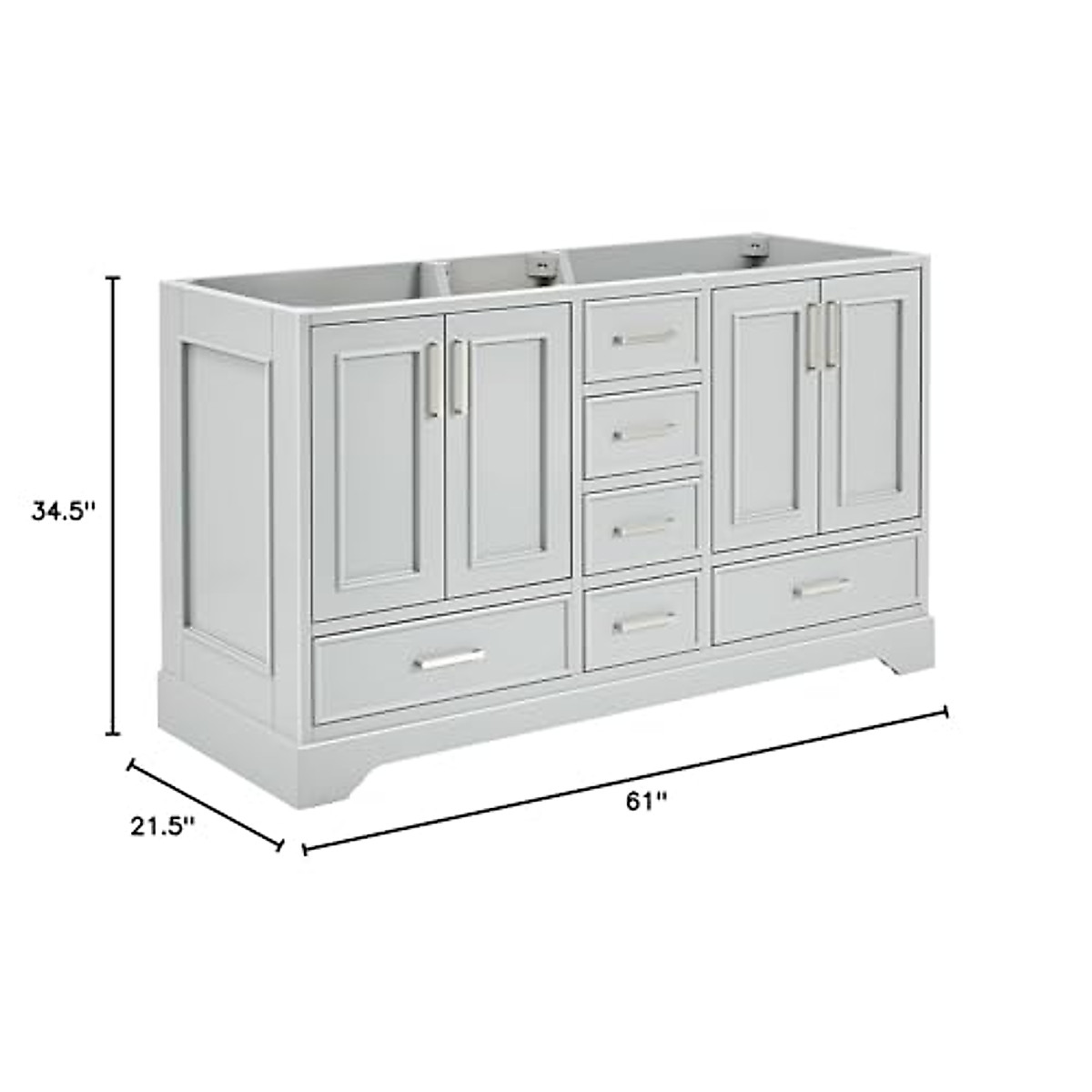 ARIEL Stafford 60" Grey Bathroom Vanity Base Cabinet, Double Sink Configuration, 4 Soft Closing Doors, 6 Full Extension Dovetail Drawers, Brushed Nickel