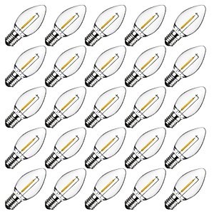 Meconard C7 Led Replacement Christmas Light Bulb, 25 Pack C7 Shatterproof Led Bulbs for Christmas Outdoor String Lights, E12 Candelabra Base, Commercial Grade Holiday Bulbs, Warm White