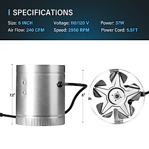 iPower 6 Inch 240 CFM Inline Duct Fan with Low Noise, Booster Exhaust for HVAC Ventilation in Grow Tent, Basements, Bathrooms and Kitchens