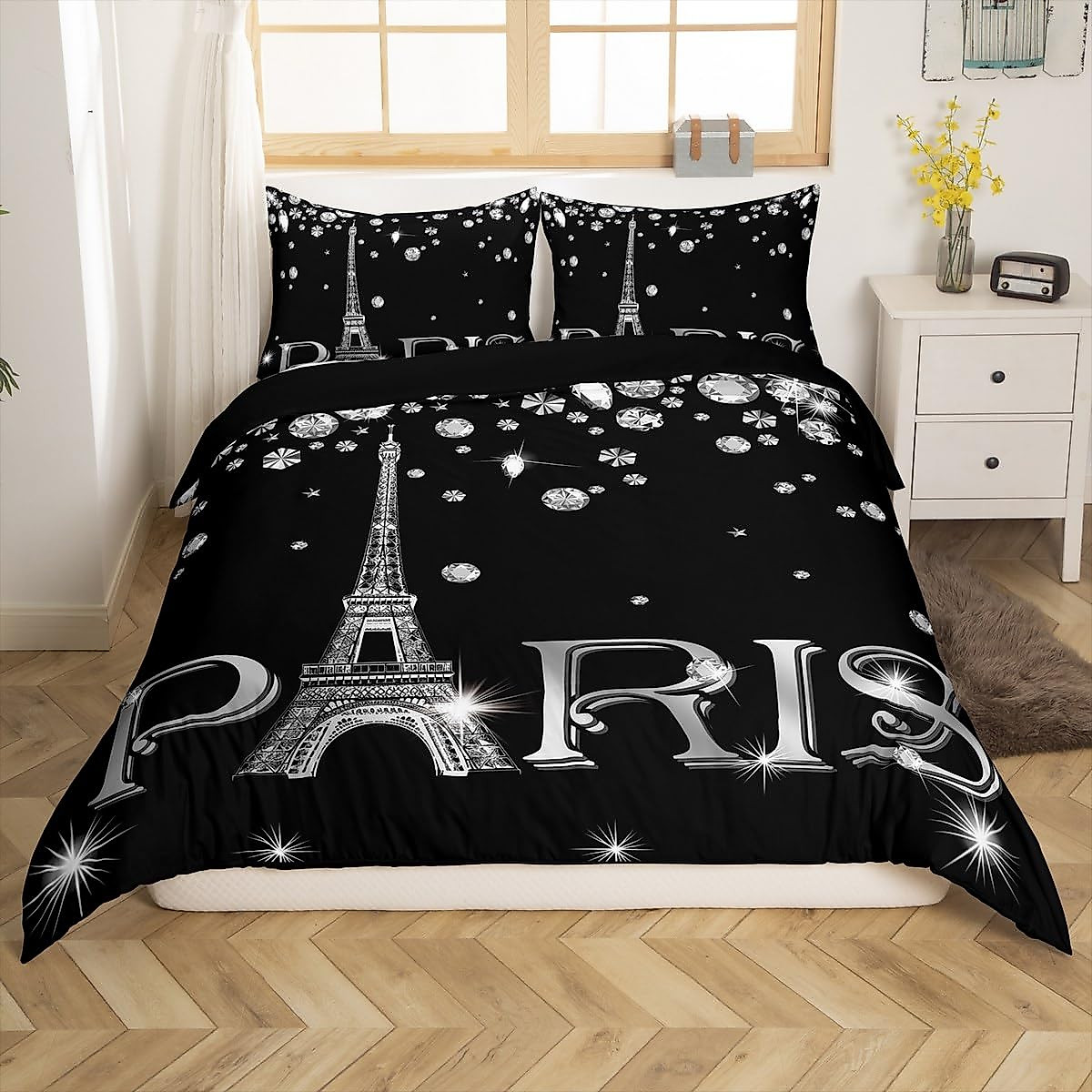 Eiffel Tower Duvet Cover King,Paris Bedroom Comforter for Women,Black and White Romantic Tower Bedding Set,Gradient Diamond Comforter Cover,Sparkles Sequins Bedspread Cover with 2 Pillow Shams