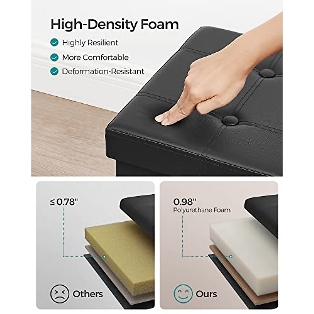 SONGMICS 43 Inches Folding Storage Ottoman Bench, Storage Chest, Footrest, Coffee Table, Padded Seat, Faux Leather, Holds up to 660 lb, Black ULSF701