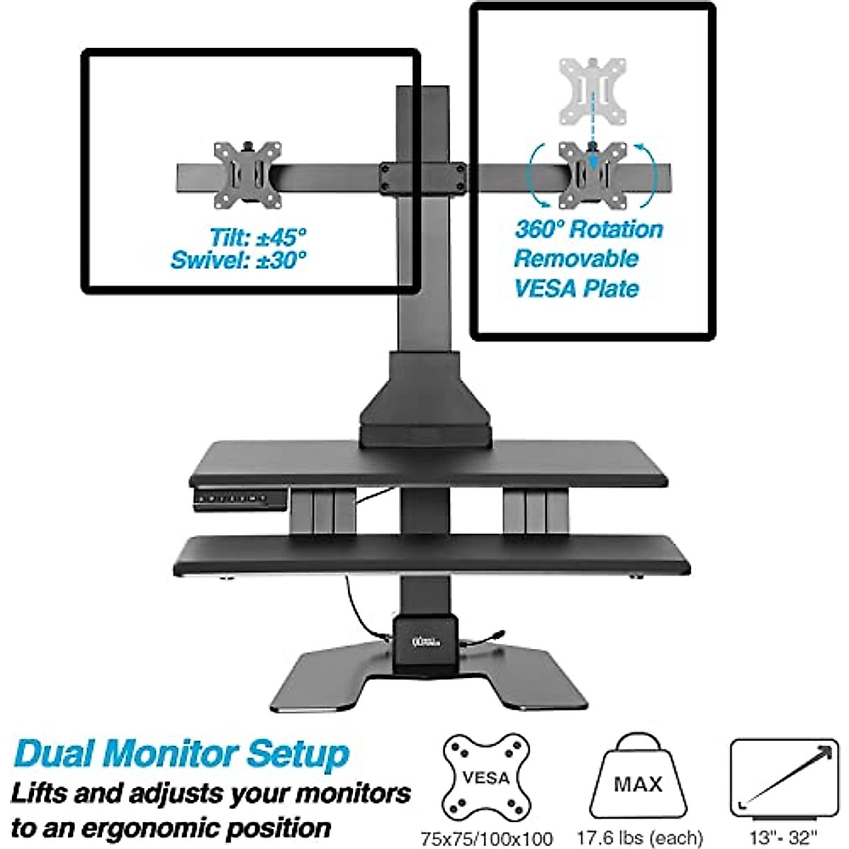 AVLT Dual 32" Monitor Electric Standing Desk Converter with Huge Keyboard Tray Extra Large 28"x 16" Spacious Tabletop Motorized Automatic Height Adjustable Sit to Stand Table Sturdy Small Footprint