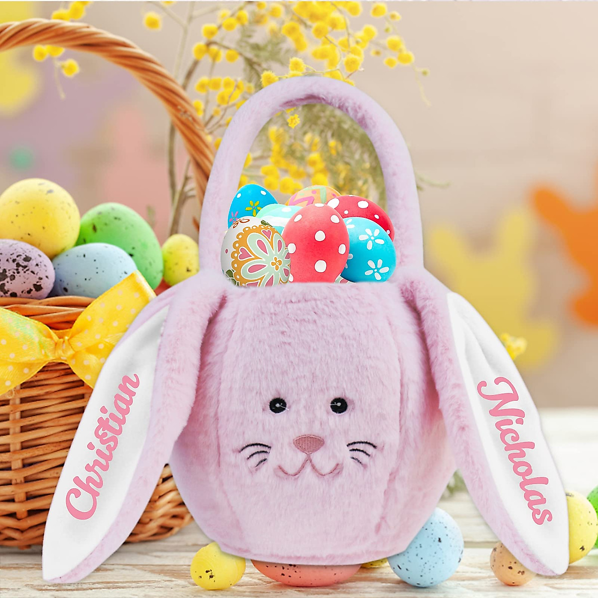 Personalized Easter Buckets with Name Custom Plush Buny Easter Basket with Handle Long Ears, Customized Egg Hunting Bags Easter Gift for Boys Girls, Easter Tote Bag for Candy（Brown）