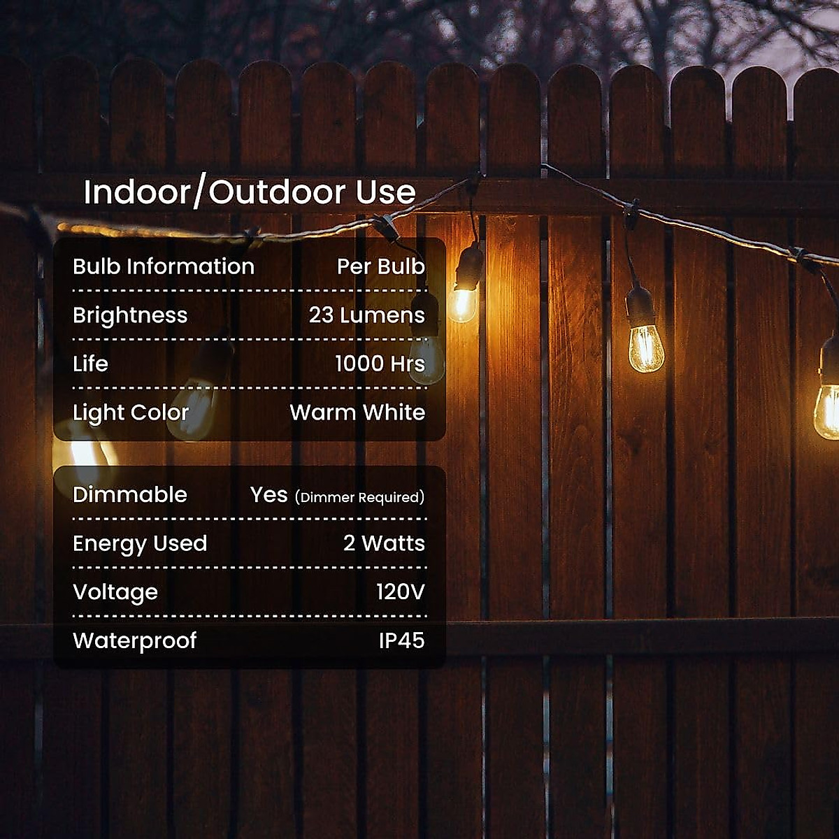 ClearMax 48 Feet Outdoor String Lights with 15 Hanging E26 Bulbs for Porch, Balcony, Backyard, Garden, or Patio Decor, Indoor Decorative Light for Cafe or Bistro Outdoor Lights, Patio Lights, Black