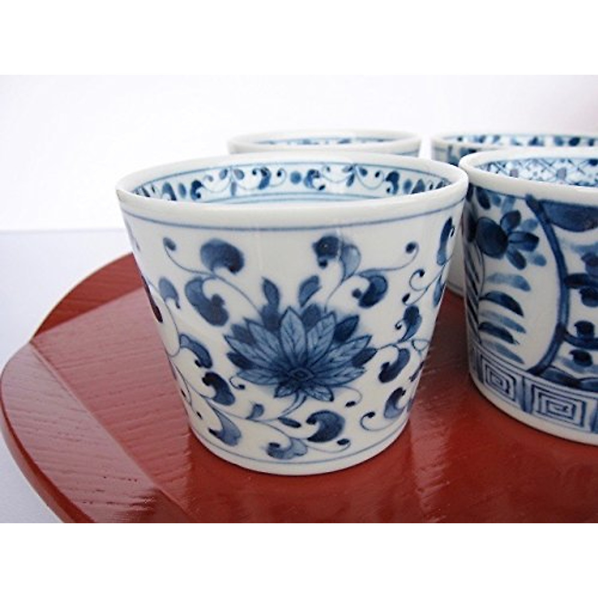 Mino Ware Japanese Soba Choko Cups Japanese Traditional Flowers and Pomegranate Pattern Set of 4