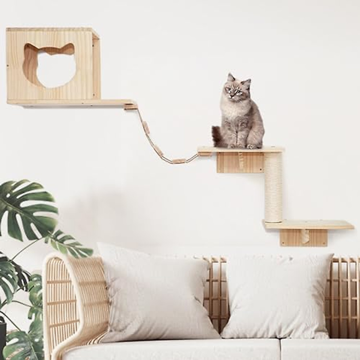 Cat Wall Shelves, Cat Shelves and Perches for Wall, Cat Wall Furniture Set 5 PCS Cat Wall Mounted with 1 Cat Condos House, 2 Cat Wall Shelves, 1 Cat Sisal Scratching Post, 1 Ladder