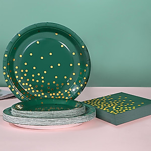 Boocikey 150 PCS Green Plates and Napkins Party Supplies,Golden Dot Green Paper Plates for 50 Guests,Green and Gold Party Decorations for Holiday Wedding Graduation Christmas Party Decorations