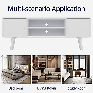 Mid-Century Modern TV Stand for 55/60 inch TV, Entertainment Center with Storage Cabinet and Open Shelves, TV Media Console for Living Room, Bedroom and Office, White