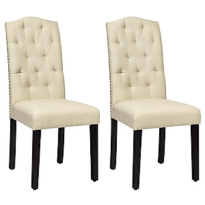 GORELAX Fabric Dining Chairs Set of 2, Modern Upholstered Dining Chair w/Solid Wood Leg, Adjustable Foot Pad, Tufted Kitchen Chairs for Farmhouse, Restaurant (Set of 2, Beige)