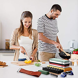 Knife Sharpening Stone Set,4 Side Grit 400/1000 3000/8000 Water Stone,Whetstone Kit with Non-slip Bamboo Base,Flattening Stone,Angle Guide,Leather Strop,Polishing Compound and Honing Guide.