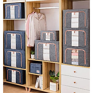 Clothes Storage Organizer with Metal Frame (Set of 2), Extra Large 66L | Foldable Storage Bin Boxes with Clear Window | Stackable, Moisture Proof, Dust Proof | Strong Carry Handles for Clothing, Bedding, Blanket, Closet | Clothes Storage (Blue)