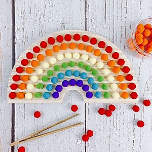 Sunmero Wooden Peg Board Beads Game Color Clip Bead Puzzle Sorting Toys Counting Matching Game Beads Early Education Board Game Fine Motor Skill Montessori Toys for Toddlers (Rainbow)