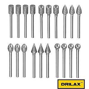 Stone Carving Set Diamond Burrs for Engraving, Grinding, Polishing Stone, Rocks, Jewelry, Glass, Ceramics, Nails Compatible with Dremel Rotary Tools 1/8 inch Shank 20 Pieces Set