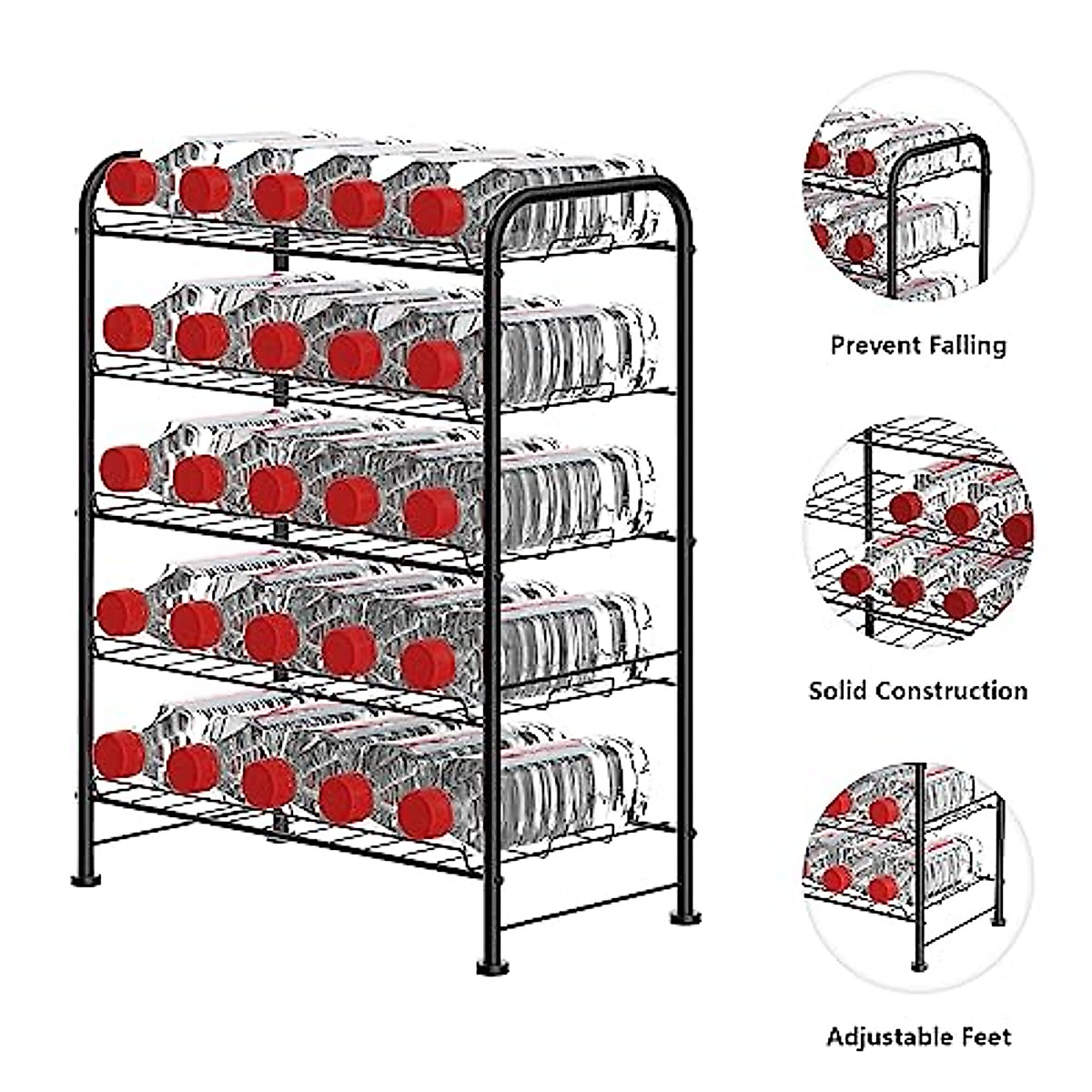 OYEAL Water Bottle Storage Rack 5 Tier Bottled Water Holder Organizer Freestanding Floor Beverage Soda Drink Stand Shelf for Kitchen Pantry Can Storage, Hold 30 Bottles, Black