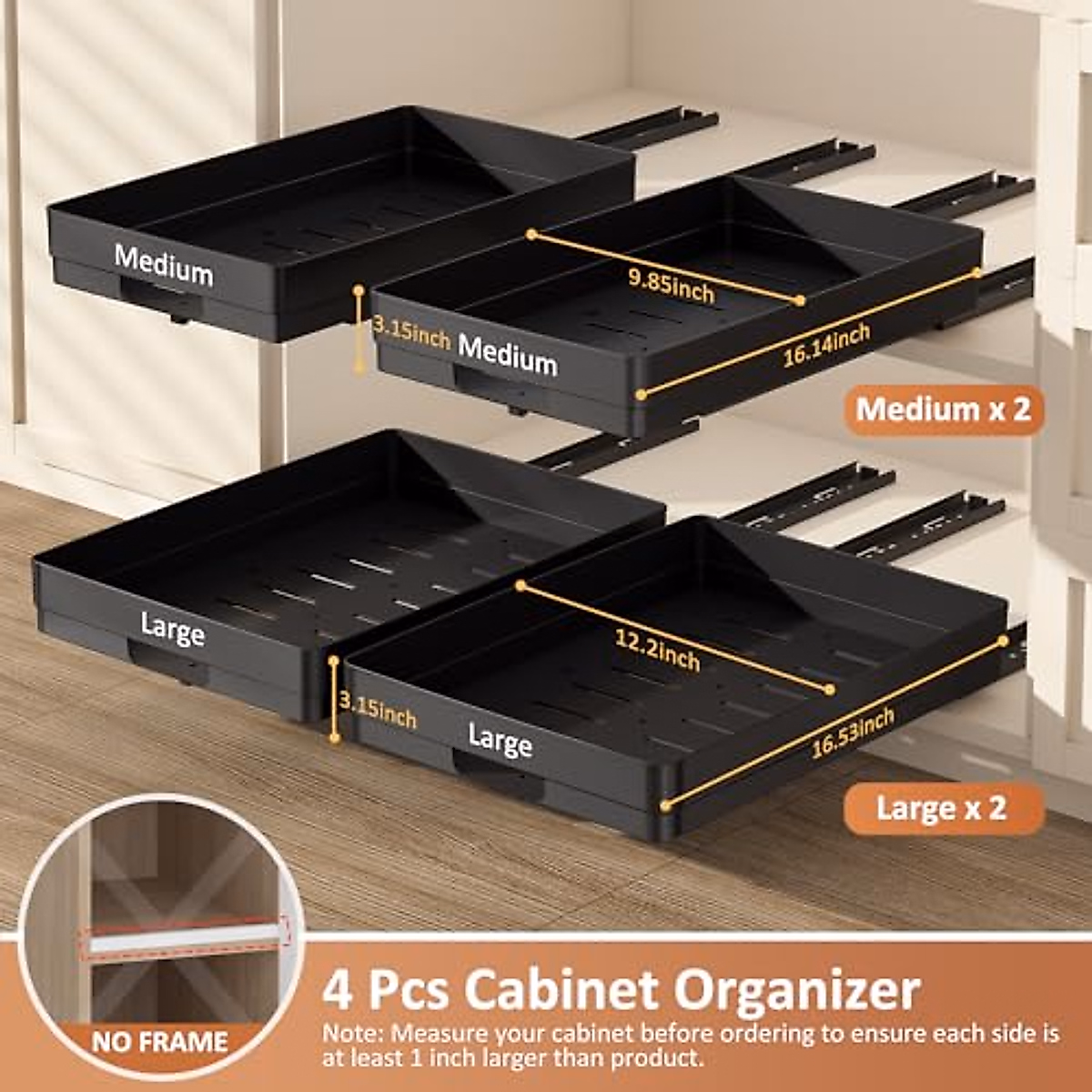 4 Pack Pull Out Cabinet Organizer, Slide Out Drawers for Kitchen Cabinets, Under Sink, Pantry, Bathroom, Cabinet Pull Out Drawers Shelves with Adhesive Nano Film Fixed and Slide Out Rails