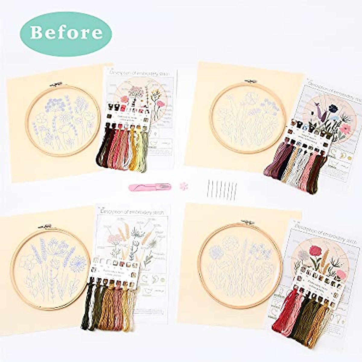 REEWISLY Embroidery Kit for Beginners 4 Sets, Hand DIY Cross Stitch Kits,4 pcs Embroidery Hoop,4 pcs Plants Flowers Embroidery Patterns and Threads,Easy for The Embroidery Beginners to Learn…
