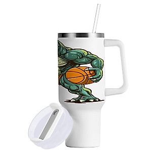 Jihqo Dinosaur Playing Basketball 40 oz Stainless Steel Vacuum Insulated Tumbler with Handle and Straw Lid Reusable Leakproof Water Bottle Double Wall Travel Mug Coffee Cup, Cupholder Friendly
