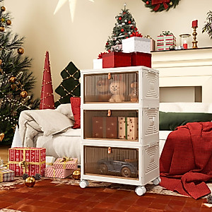 5 Tier Stackable Storage Bins with Lids, 28Qt Plastic Storage Containers with Magnetic Doors & Wheels, Convenient Storage Bins Closet Organizers, Household Organization for Home, Party, Office, Dorm