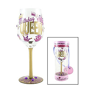 Top Shelf “Birthday Queen” Decorative Wine Glass ; Funny Gifts for Women ; Hand Painted Purple and Gold Design ; Unique Red or White Wine Glasses