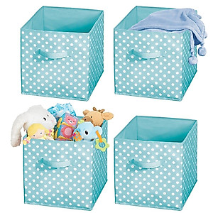 mDesign Soft Fabric Closet Storage Organizer Cube Bin Box, Handle - Storage for Baby Child/Kids Room, Nursery, Toy Room, Furniture Units, Shelf, 4 Pack - Turquoise/White Polka Dots