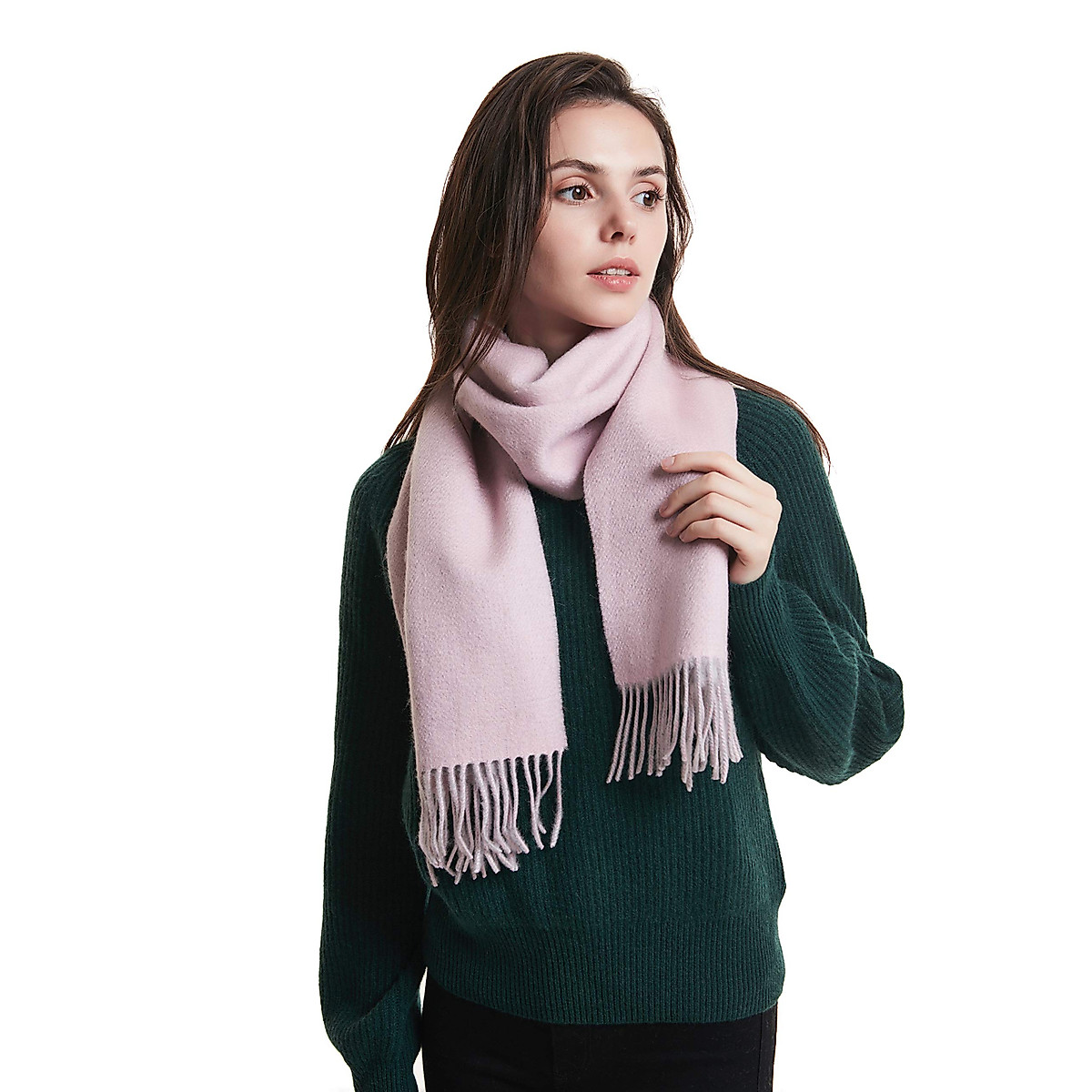 EURKEA 100% Cashmere 2024 Winter Scarf for Women, Fringed Edges, Warm & Soft, Lightweight, Gift Ready, Solid/Plaid/Two-Tone, Pink, Free Size