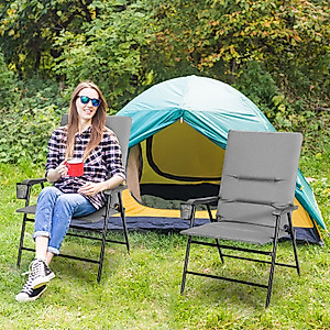 Tangkula Patio Chairs Folding Set of 2, No Assembly High Back Cushioned Heavy Duty Steel Frame Outdoor Chair with Cup Holder, Supports up to 330lbs, for Camping, Lawn, Garden, Yard, Picnic (Grey)