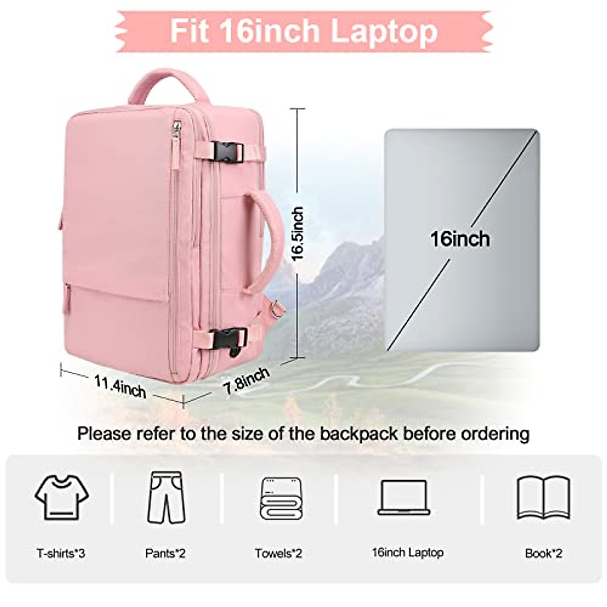 Hanples Travel Backpack for Women as Person Item Flight Approved, 35L Carry On Backpack, 16 Inch Laptop Backpack, Waterproof Backpack, Hiking Backpack, Casual Bag (Pink)