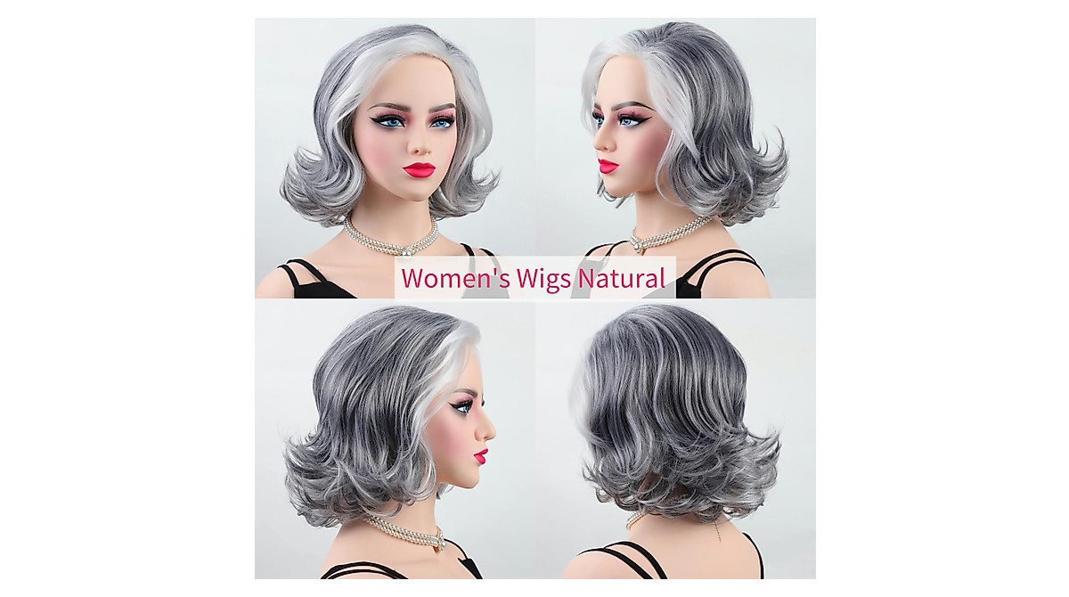 RENERSHOW Grey Wavy Bob Wig for Women - Natural Short Curly Synthetic Hair