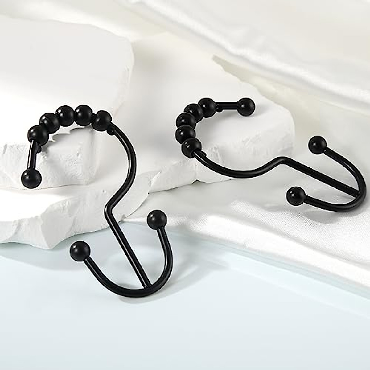 Shower Curtain Hooks, Goowin Shower Curtain Rings, Rust Proof Metal Black Shower Curtain Hooks, Free Sliding Shower Curtain Hooks, Double Shower Curtain Rings for Curtain & Liners, Black