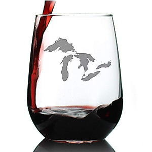 Great Lakes Map - Stemless Wine Glass - Unique Engraved Glassware Art Gifts for Midwestern Women & Men - Large 17 Ounce
